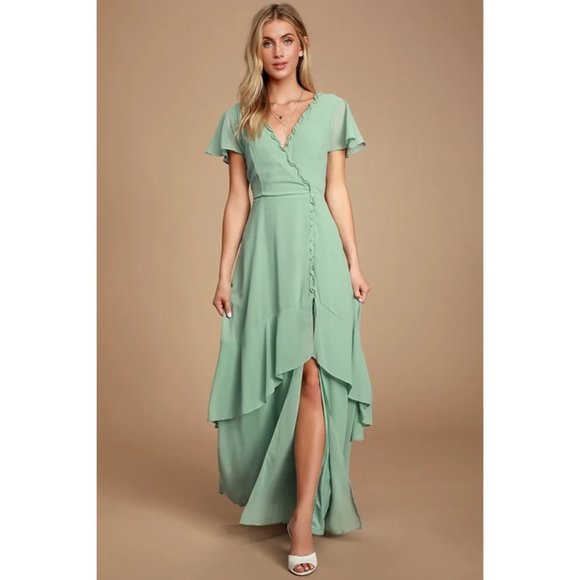 Lulus | Dresses | Lulus Pour The Champagne Sage Green Ruffled Backless ...
